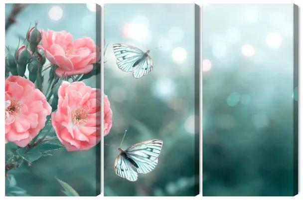 Vícedílný obraz Jemné Květiny A 3D Motýli Nedostatek Nedostatek Přírodní plátno 60x40