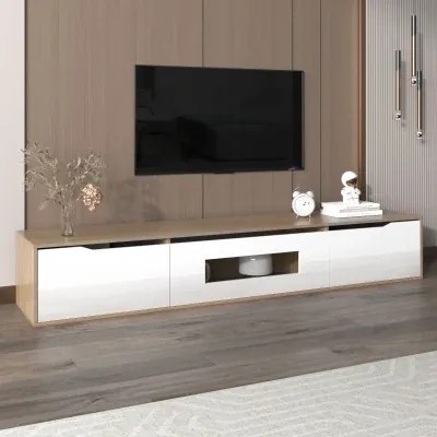 Aosom TV skříňka 180 cm lesklá s LED osvětlením, 4 světelné režimy a možnost montáže na stěnu pro obývací pokoj, bílá a barva dřeva