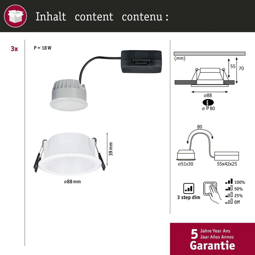 Paulmann 94870 Cole Coin, set bodovek v bílé úpravě, 3x6W LED 2700K tříkrokové stmívání, prům. 8,8cm, IP44