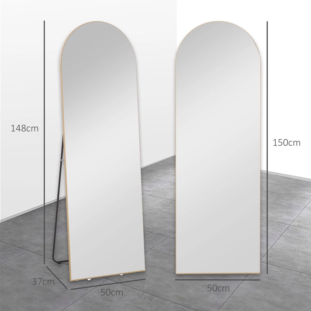 HOMCOM Zrcadlo v plné výšce, 50 x 150 cm, stojací zrcadlo, velké bezrámové nástěnné zrcadlo, do obývacího pokoje, ložnice, zlatý odstín