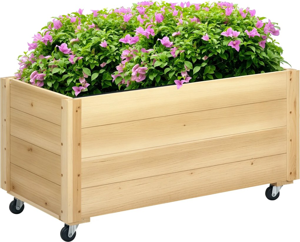 Dřevěný květináč s kolečky Outsunny pro zahradu s drenážními otvory a netkanou textilií pro pěstování květin a rostlin na balkóně nebo terase 89x48x47