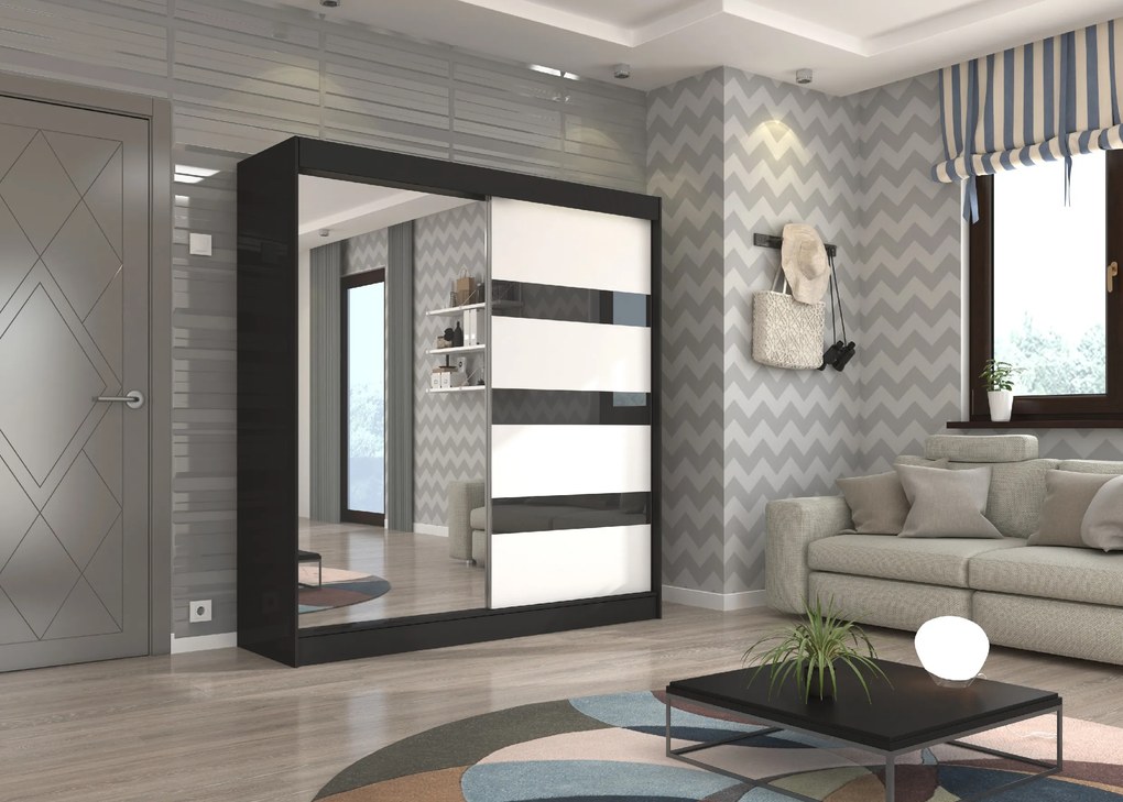 ADRK Furniture Posuvná skříň se zrcadlem a lacobelem TOURA 200 ADRK-SW-TOU-BWBL-200