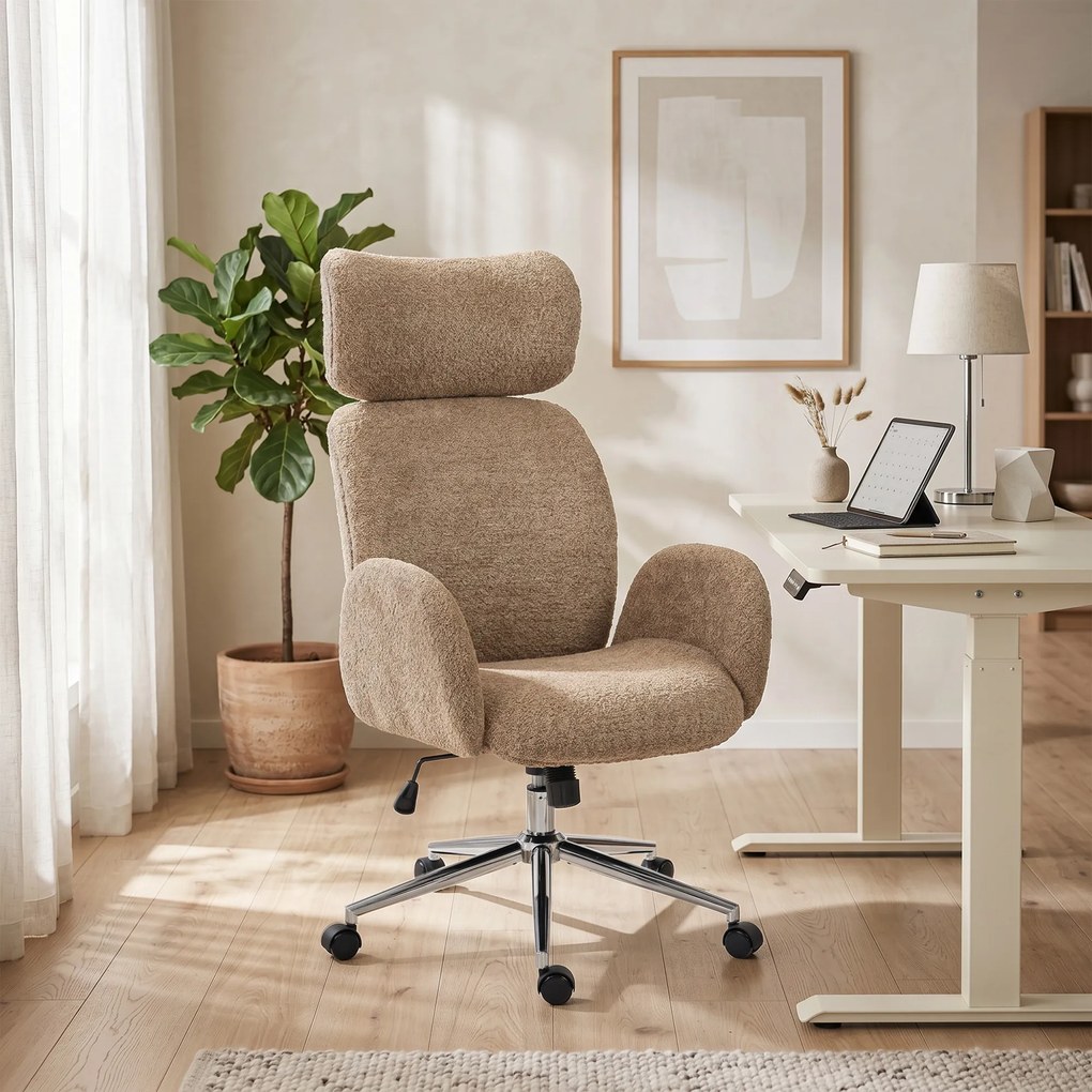 HOMCOM Bouclé kancelářské křeslo do home office – nastavitelná opěrka hlavy, houpací funkce, hnědé