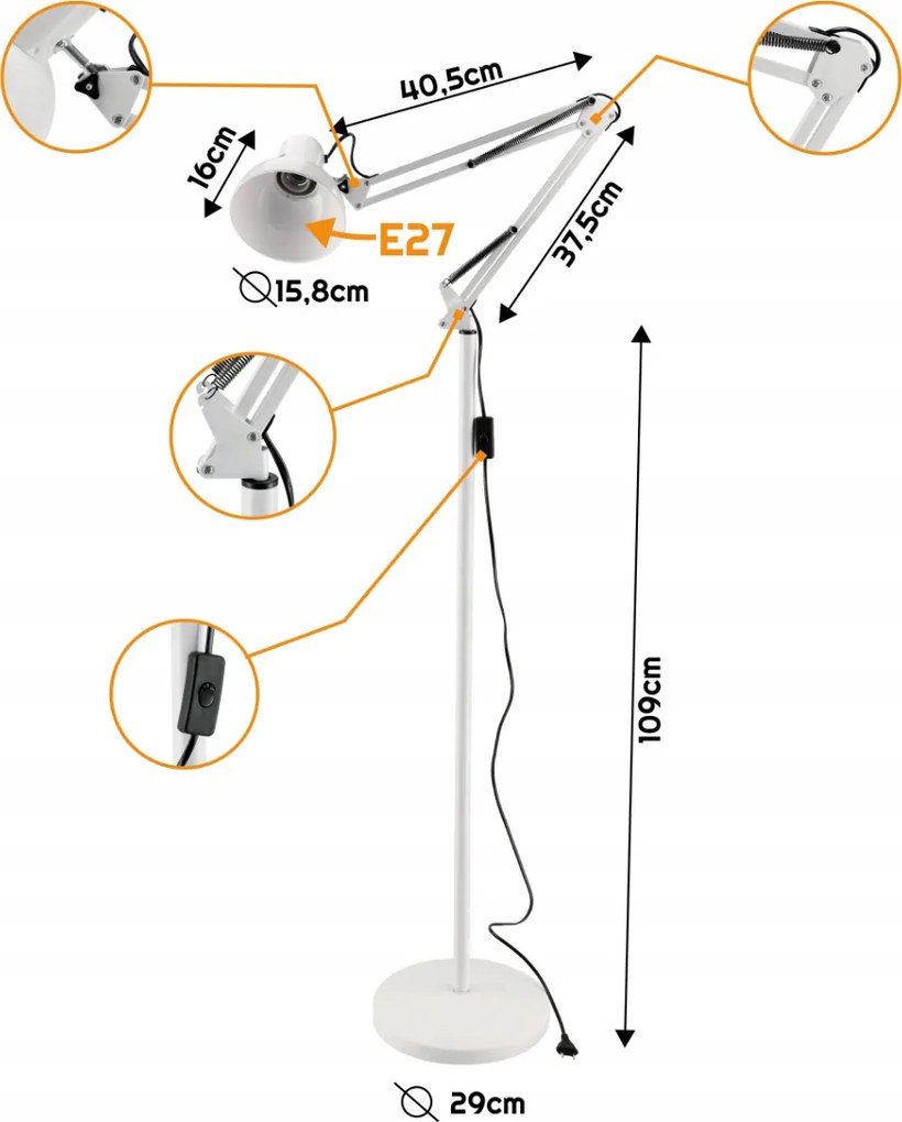 BERGE LED stojací lampa 1xE27 185cm bílá
