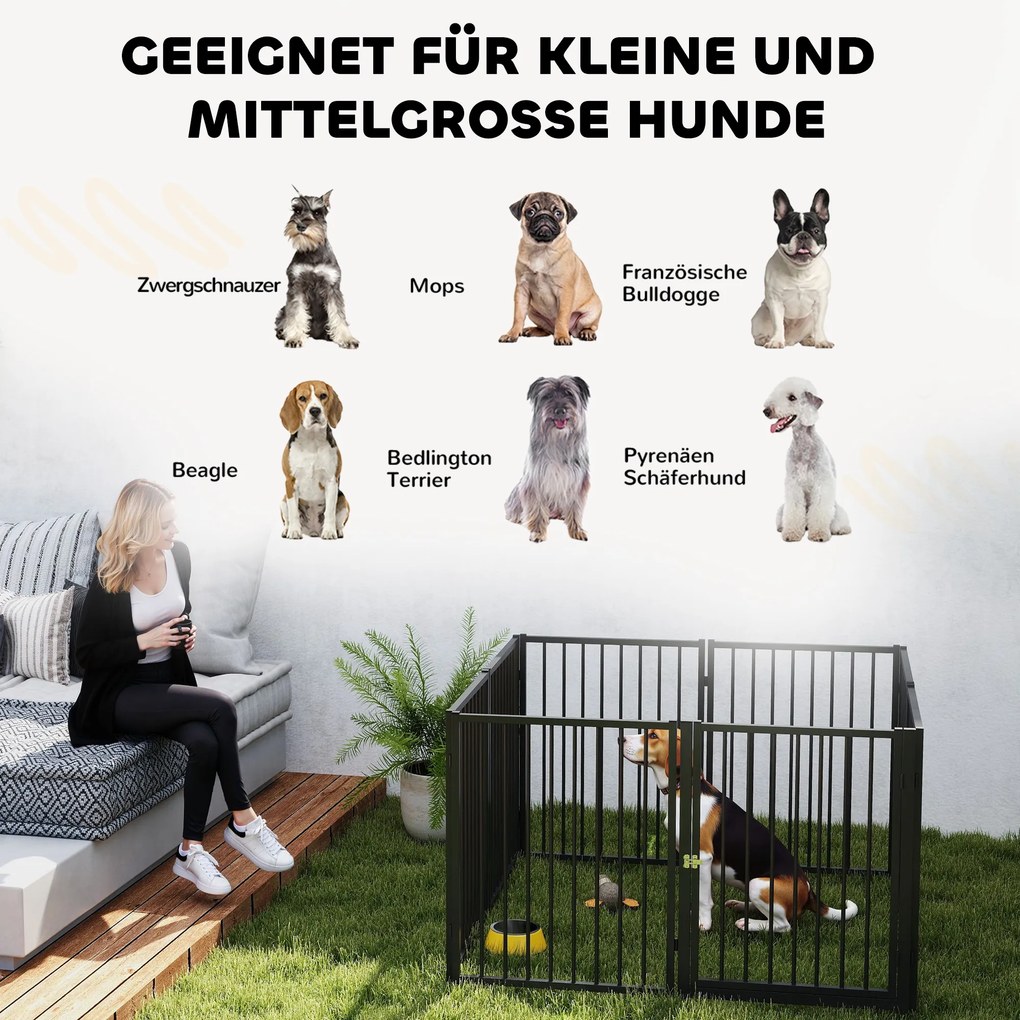 PawHut Psí Park Ohrady pro psy 8 panelů 60x76 cm pro malé a střední plemena, ocelový korál pro interiér i exteriér, černý