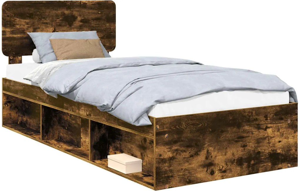 Rám postele s čelo Kouřový dub 90 x 190 cm Masivní borové dřevo 3412136