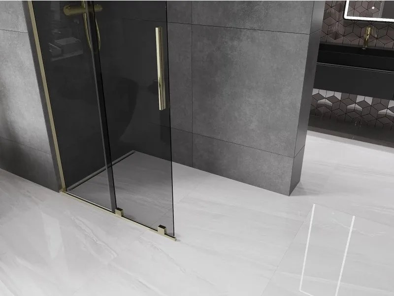 Mexen Velar L, posuvná sprchová zástěna Walk-in 110 x 200 cm, 8mm šedé sklo, zlatá lesklá, 871-110-003-43-50