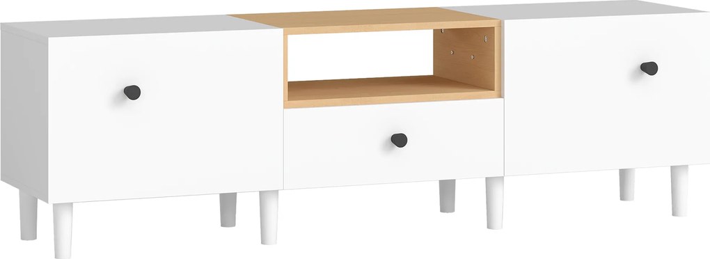 HOMCOM TV nábytek až do 177,8 cm s 2 sklápěcími dvířky, zásuvkou a otevřenou přihrádkou, dřevo, 150x35x45 cm, bílá a dřevěný vzhled