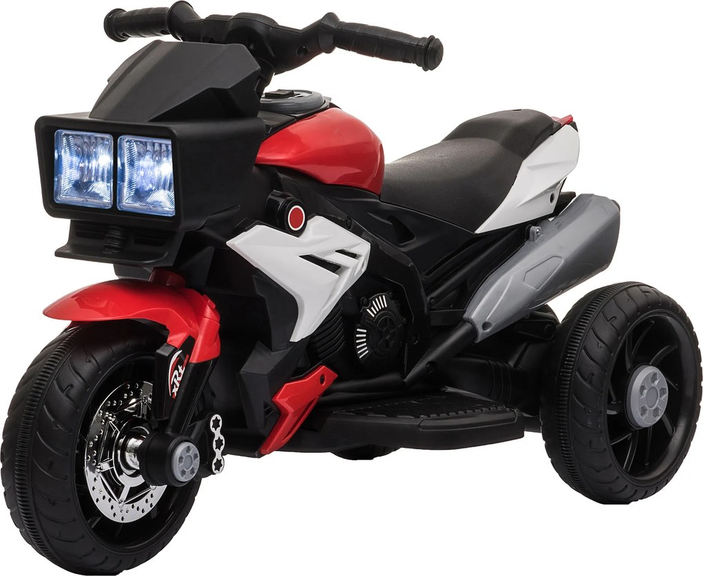HOMCOM Elektrická Motorka pro Děti od 3 Let 6V Na Baterie s Osvětlením, Hudbou, Klaksonem a Širokými Koly, Rychlost 3 km/h, Červená a Černá