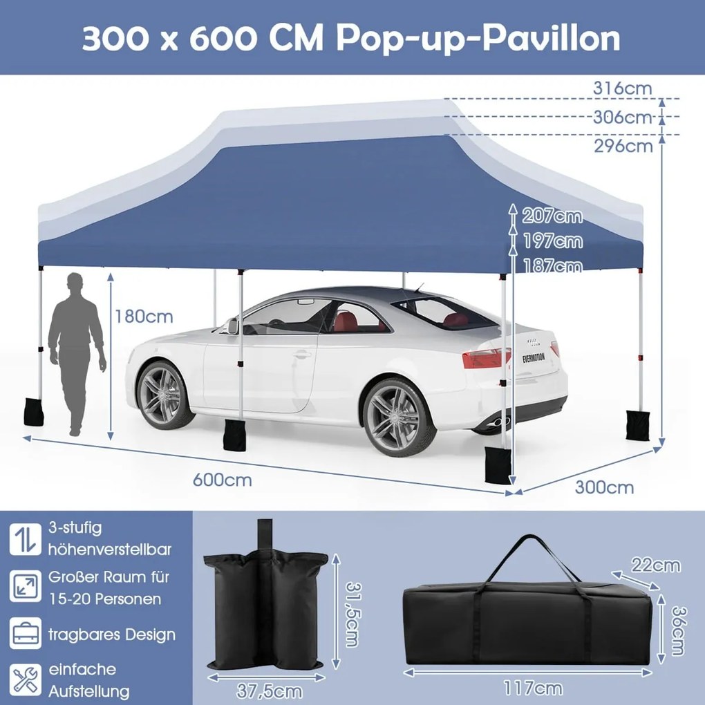 Costway Výsuvný stan s baldachýnem na akce s taškou – 300 × 600 cm, modrý