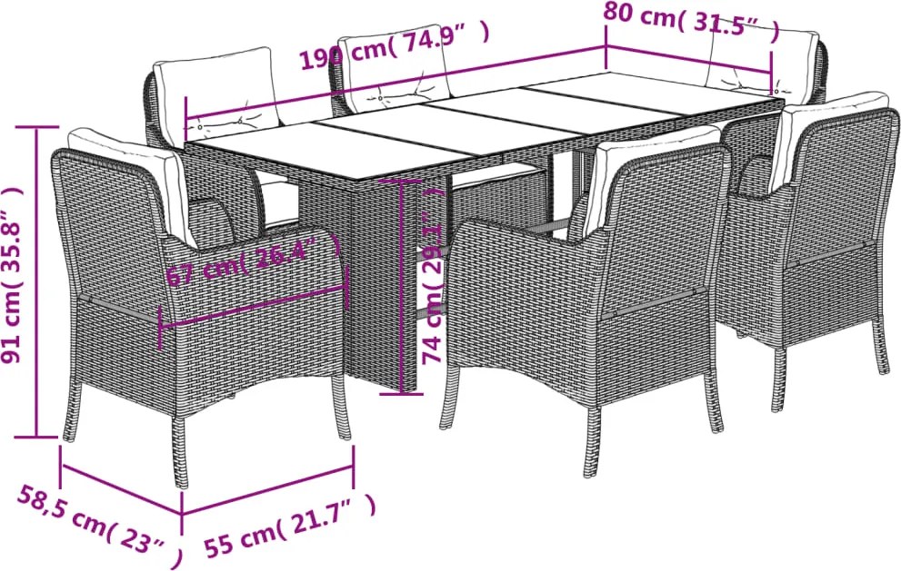 7dílný zahradní jídelní set s poduškami světle šedý polyratan 3211890