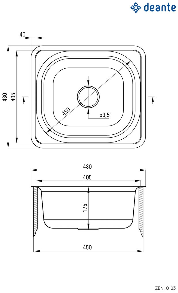 Deante Doppio, nerezový dřez na desku 1-komorový B/O 480x430x180 3,5" + sifon, vzor satyna, ZEN_0103
