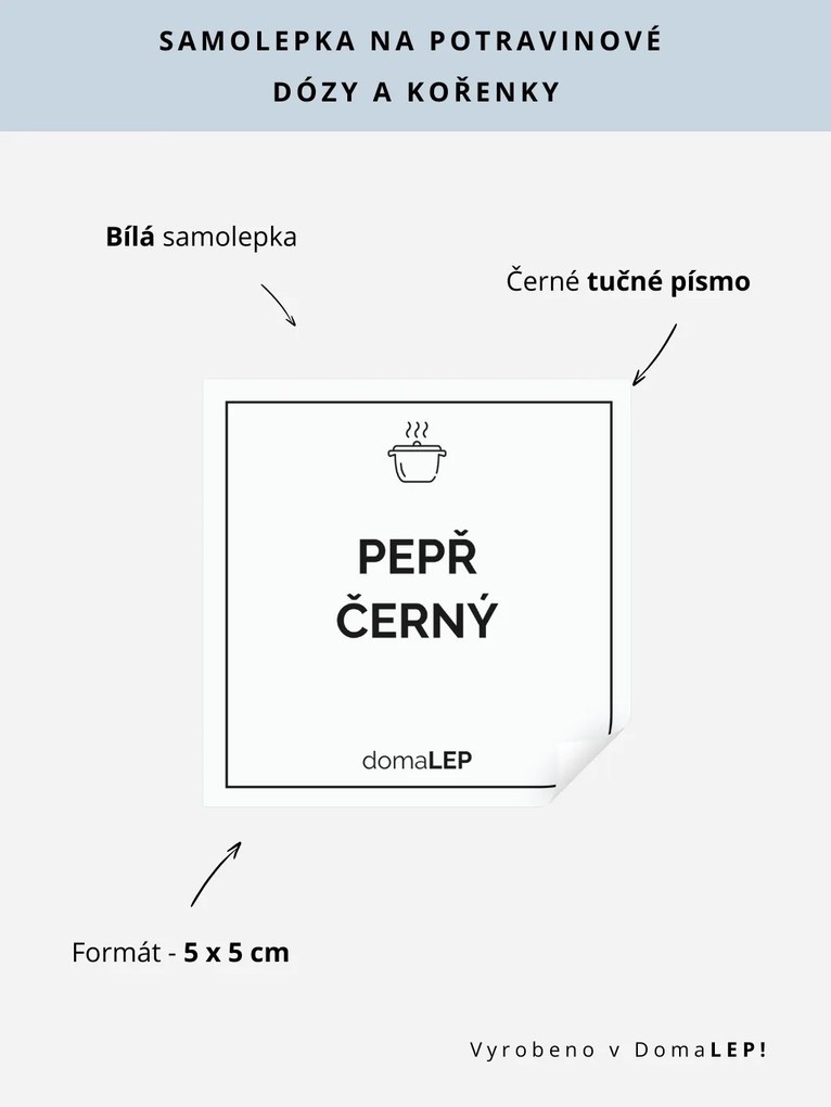 Samolepka na kořenky PEPŘ ČERNÝ bílá 5 × 5 cm tučné písmo