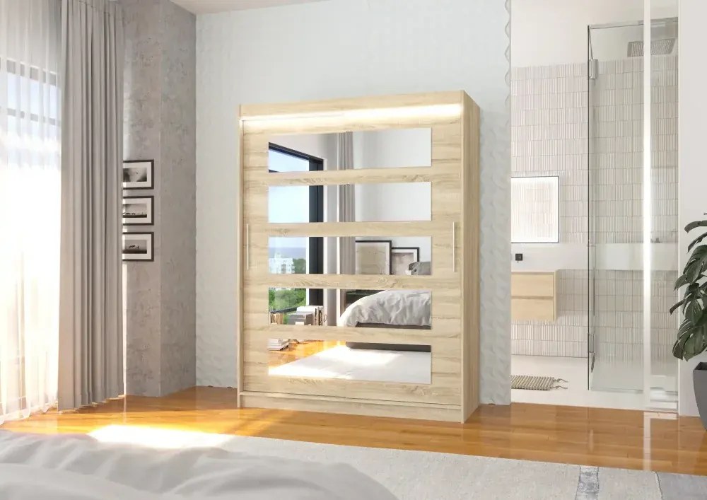 Posuvná skříň se zrcadlem a LED osvětlením MURANI 150