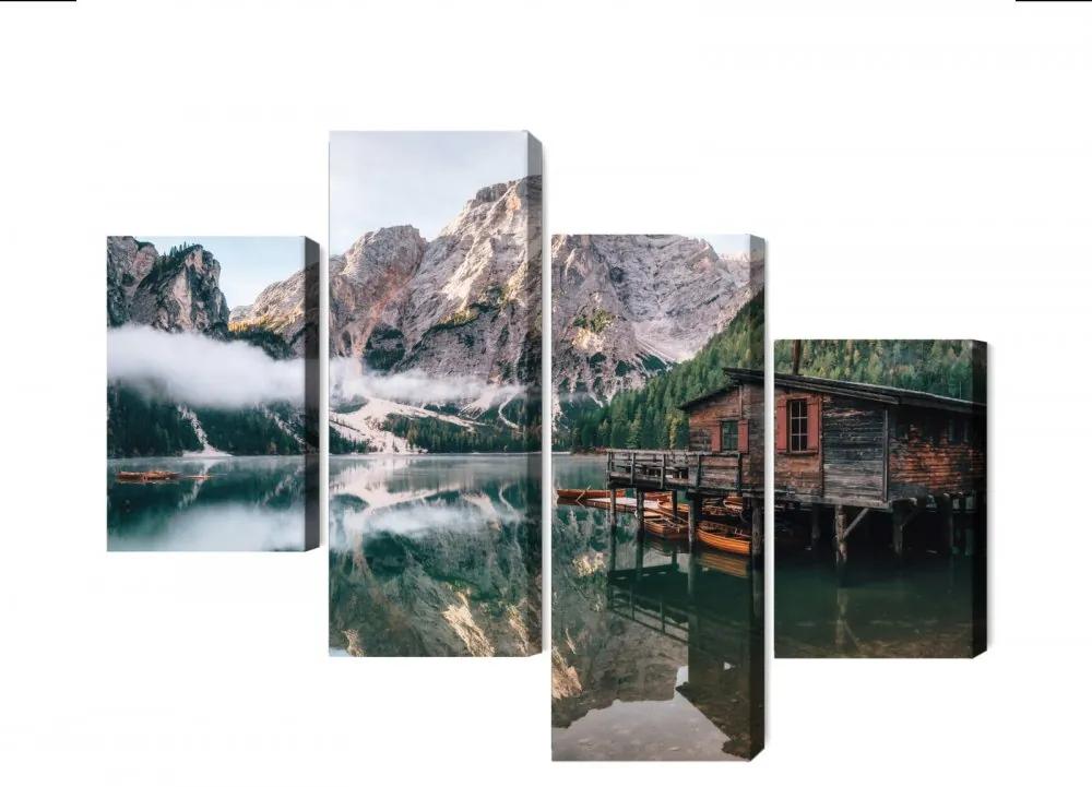 Vícedílný obraz Chata U Italského Jezera Braies 3D Nedostatek Nedostatek Plátno Canvas 80x50