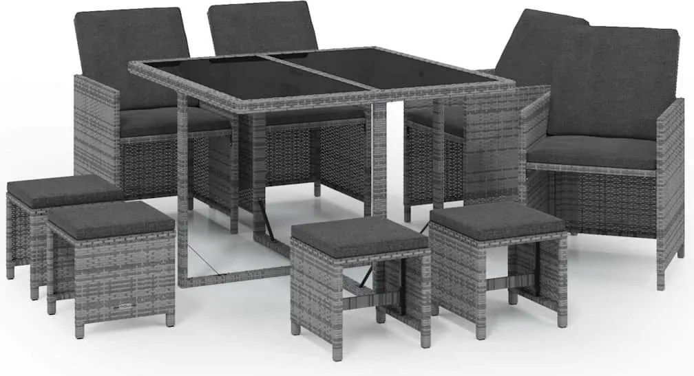 9dílný zahradní jídelní set s poduškami polyratan šedý 3095511