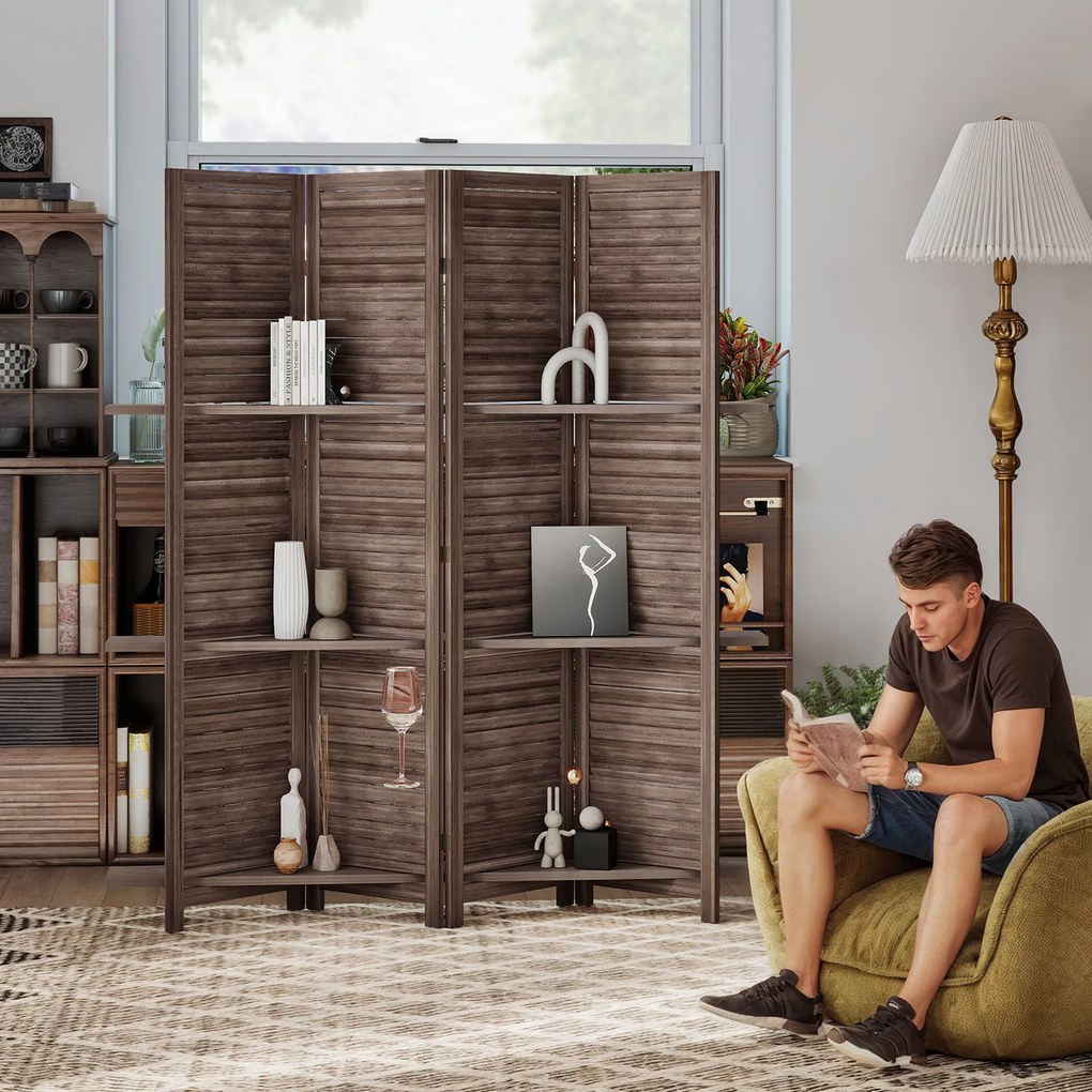 HOMCOM dřevěná vnitřní paravánka 4 panely 160 x 170 cm, skládací přepážka s 3 policemi, ořech