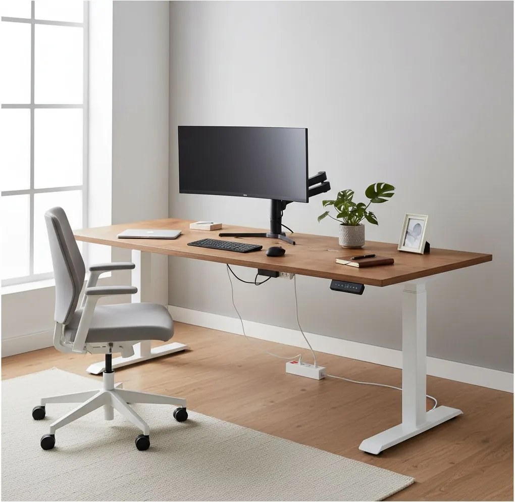 Výškově nastavitelný stůl OfficeTech D, 200 x 80 cm, bílá podnož, dub silverjack