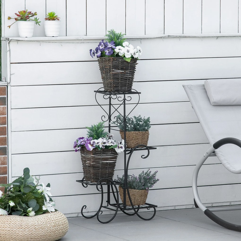 Outsunny Metalový Stojan na Květiny 4 Úrovně - Stojan pro Květiny na Balkon a do Zahrady, Černý 45 x 24,5 x 80 cm