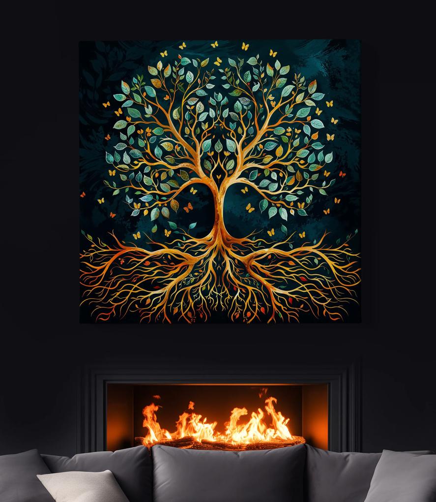 Obraz na plátně - Strom života Zlatavé kořeny Emdrasil FeelHappy.cz Velikost obrazu: 100 x 100 cm