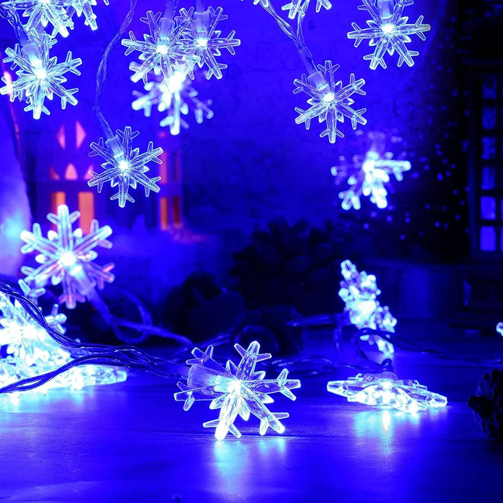 Vnitřní LED vánoční řetěz se sněhovými vločkami, modrá, 12m, 100 LED