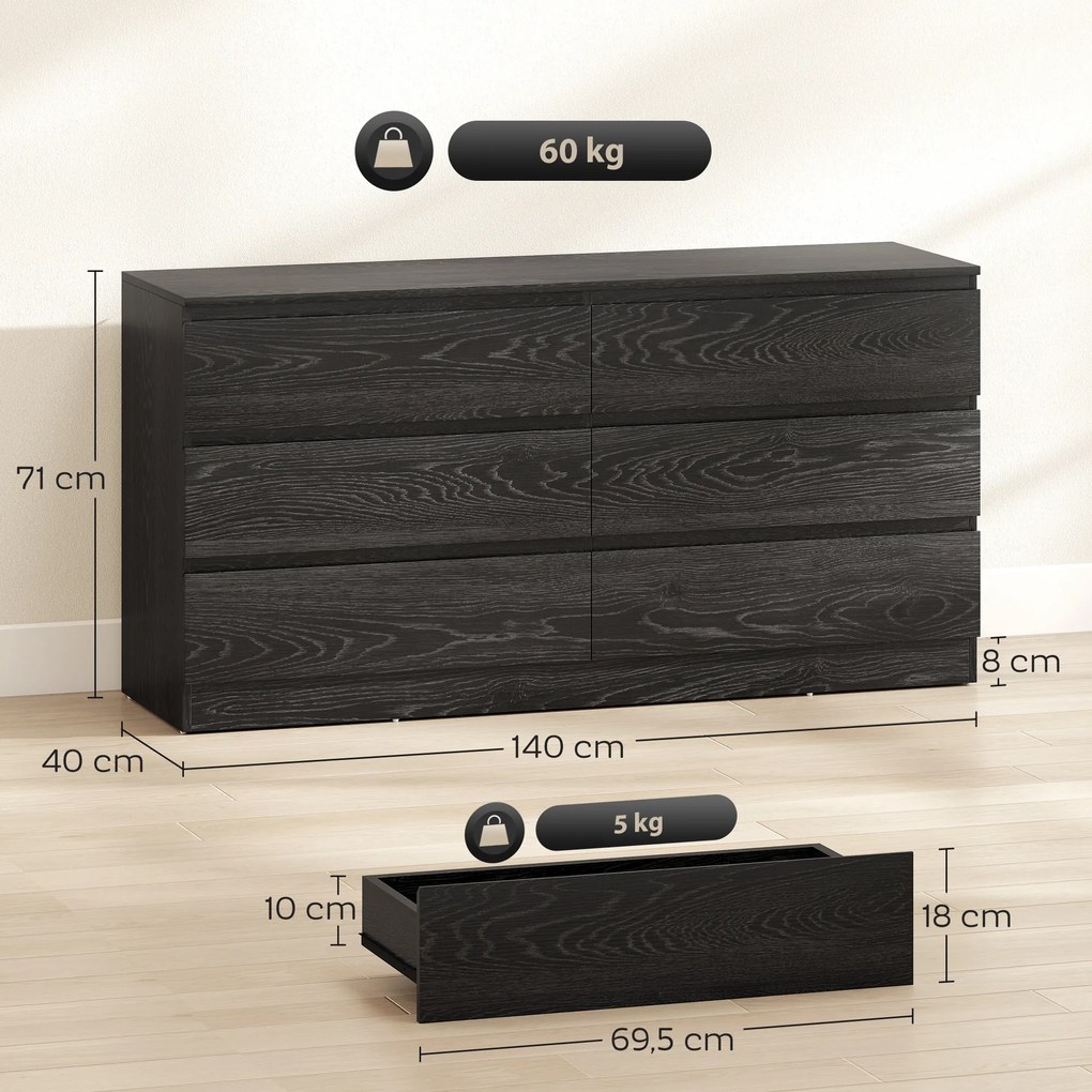 HOMCOM komoda do ložnice se 6 zásuvkami, zásuvková skříň do obývacího pokoje nebo kanceláře, moderní styl, 140x40x71 cm, černá s dřevěným dekorem