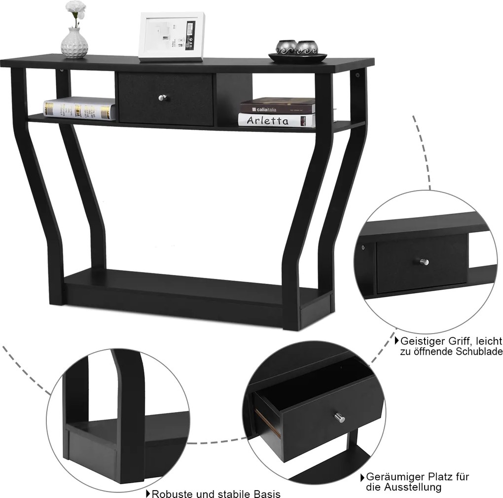 Costway Konzolový stůl černý se zásuvkou a policí – 120 × 30 × 81 cm