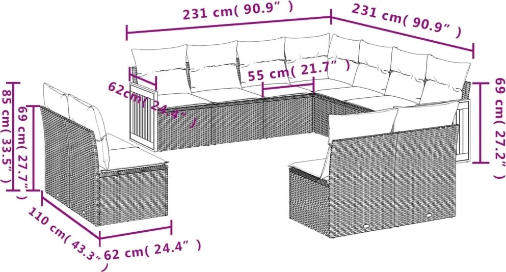 11dílná zahradní sedací souprava s poduškami černá polyratan 3227763