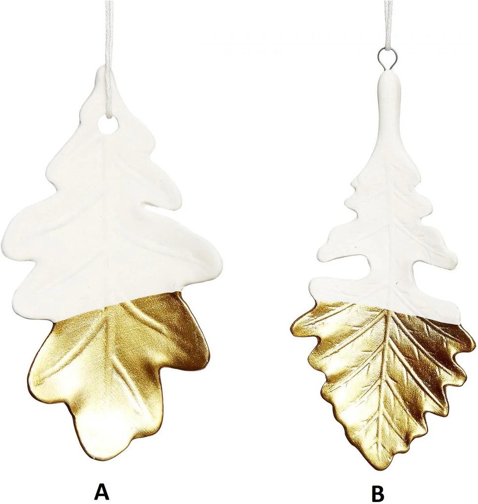 Hübsch Porcelánová ozdoba Leaf White/gold Typ A, bílá barva, zlatá barva, porcelán