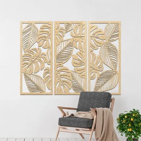 Dřevěný trojdílný obraz monstera – Dekorace do interiéru | SENTOP PR0523