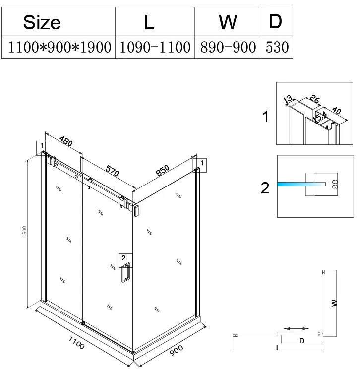 BPS-koupelny Obdélníkový sprchový kout HYD-OK14B 110x90 černá/transparent - bez vaničky