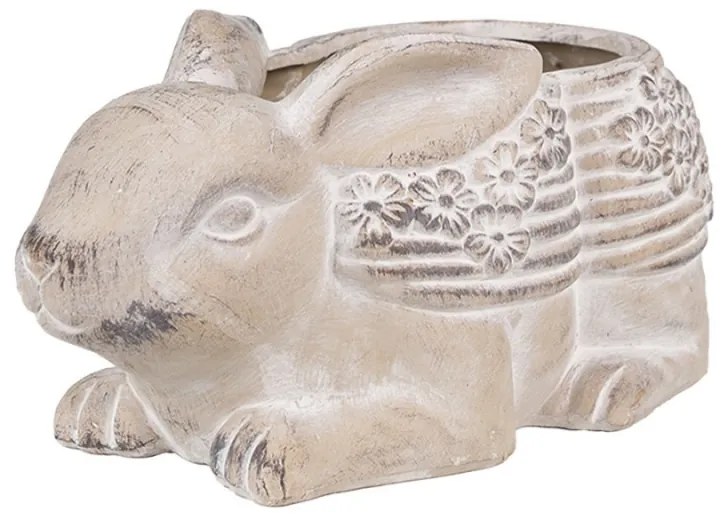 Béžový kameninový obal na květináč králíček s květinovým peřím Ferdi – 30x17x13 cm