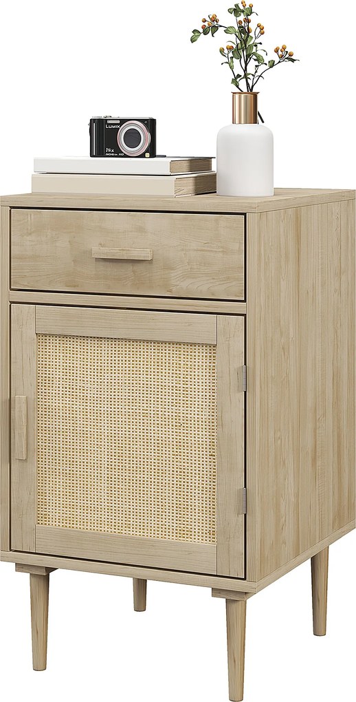 HOMCOM Noční stolek s ratanovými dvířky a policí + 1 zásuvka, bohémský design - 40 x 68,5 cm, přírodní