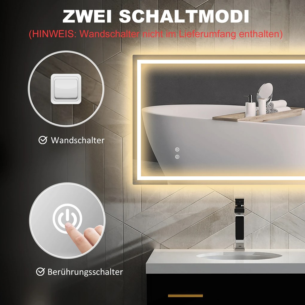 HOMCOM LED koupelnové zrcadlo, nastavitelná jasnost, funkce proti zamlžení, vodotěsné