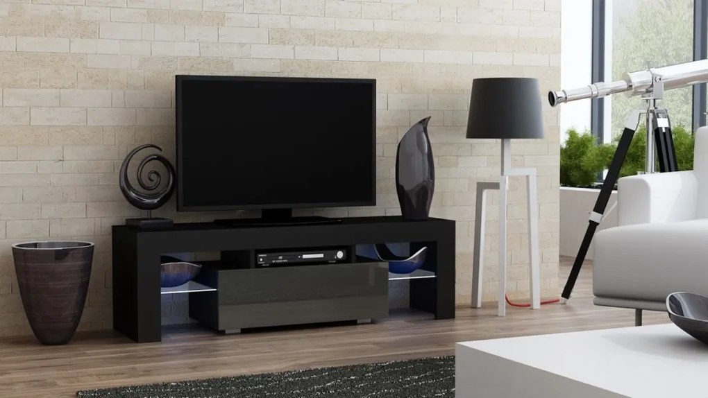 Mazzoni TV stolek MILA lesk 130 LED černá, šedá zásuvka