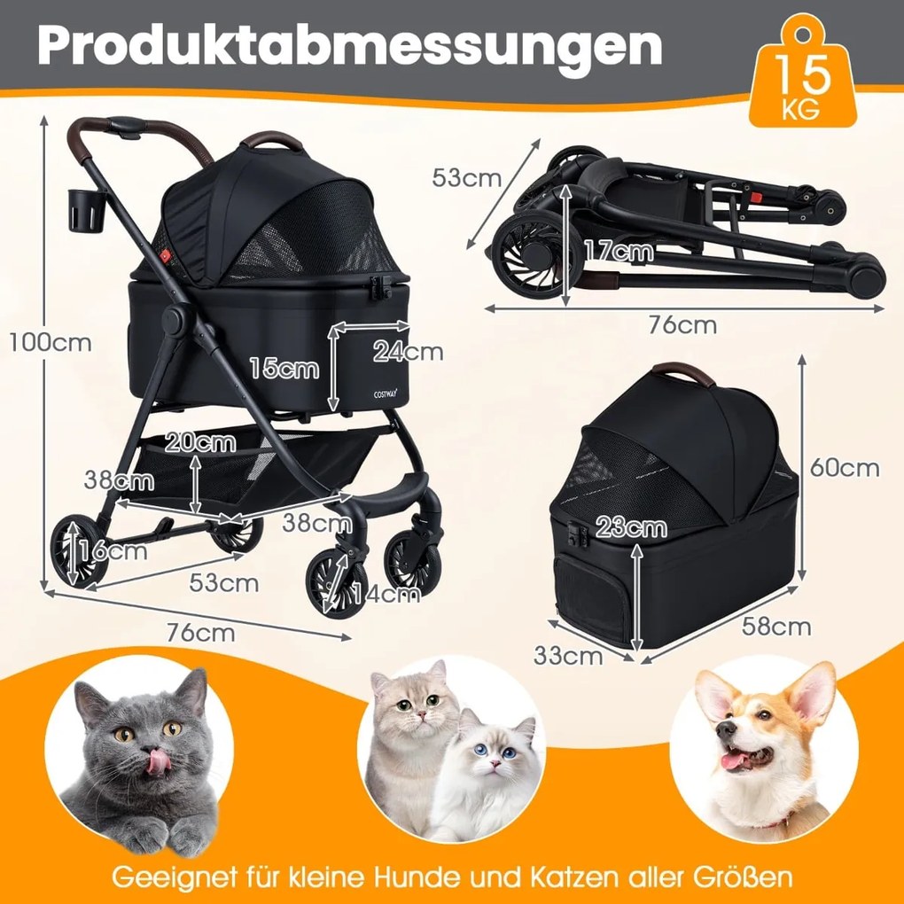Costway 3 v 1 Pet Buggy s odnímatelným nosičem a nastavitelnou