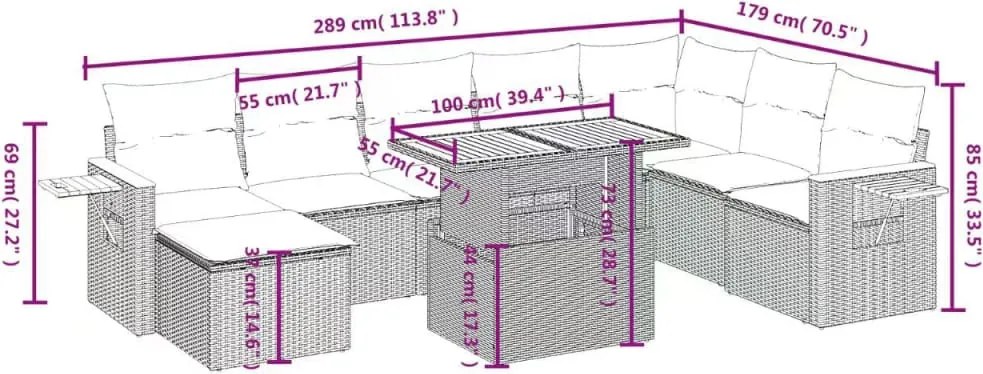 9dílná zahradní sedací souprava s poduškami černá polyratan 3273653
