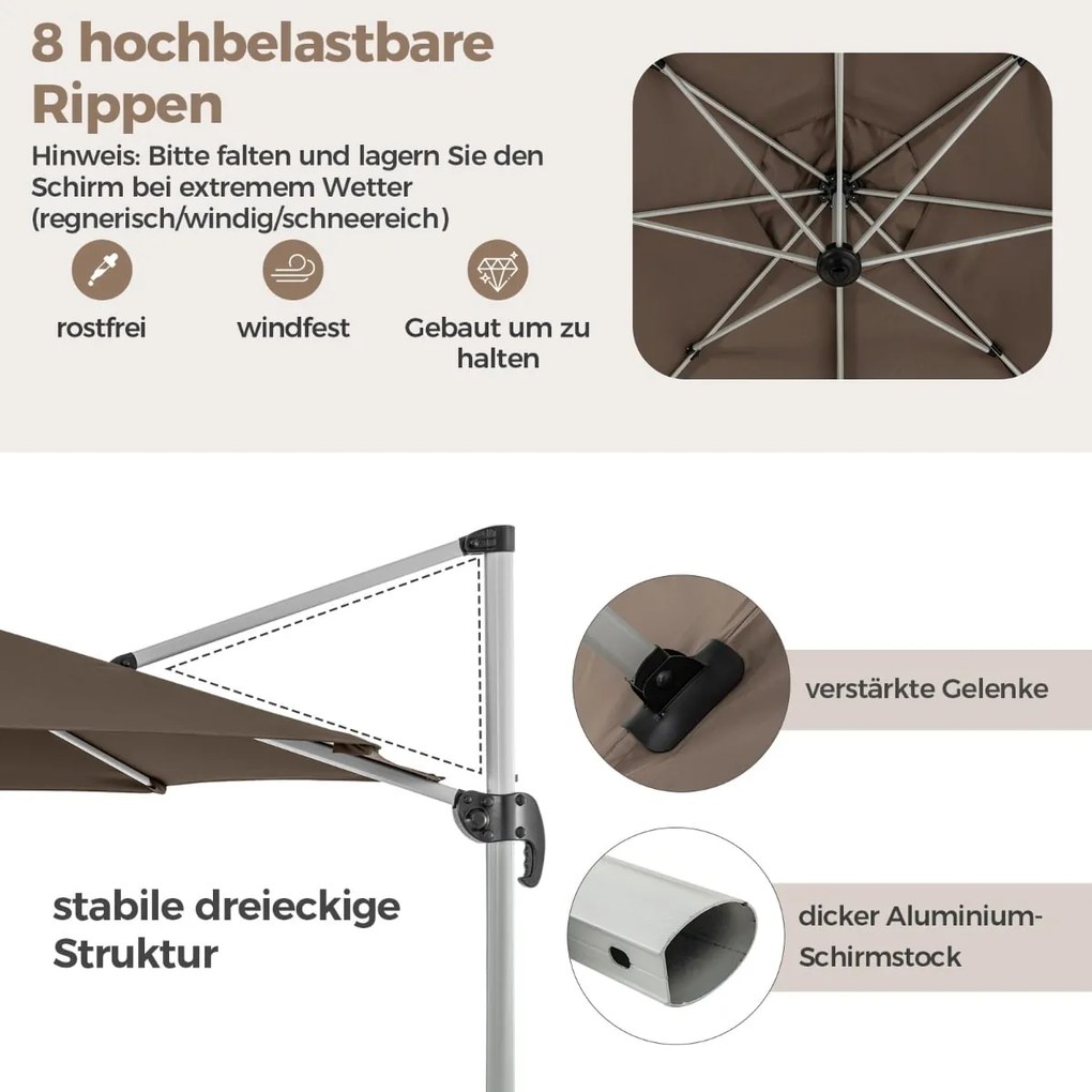 Costway Slunečník Ø 330 cm s klikou a UPF 50+ a 360° otočný, hnědý