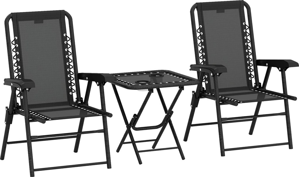 Outsunny 3dílný skládací bistro set – práškově lakovaná ocel, černá (2 židle + stůl) s držáky na nápoje | Aosom