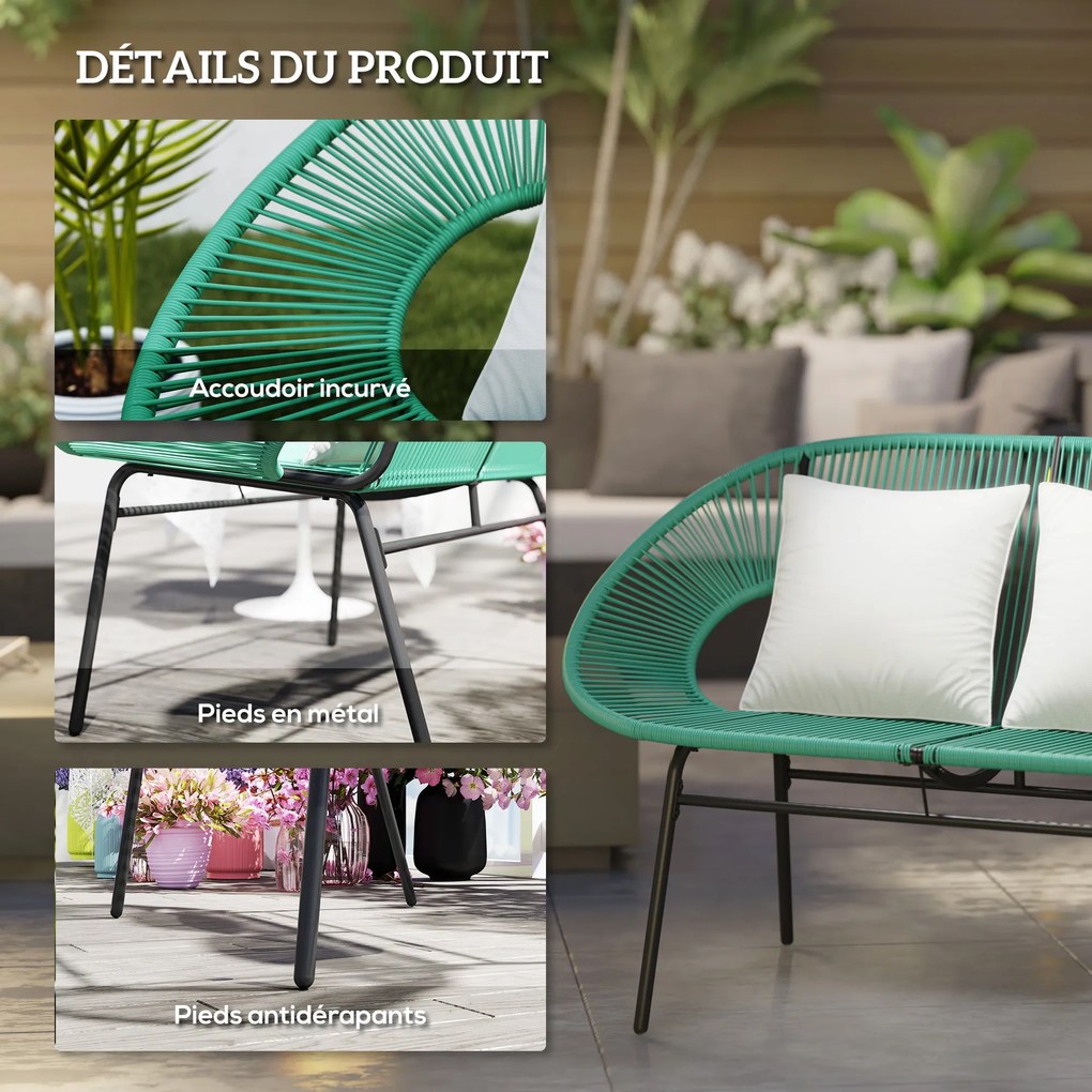 Outsunny zahradní lavička pro 2 osoby z oceli a syntetického lana s 2 polštářky - rozměry 132D x 72Š x 83V cm - tmavě zelená | Aosom