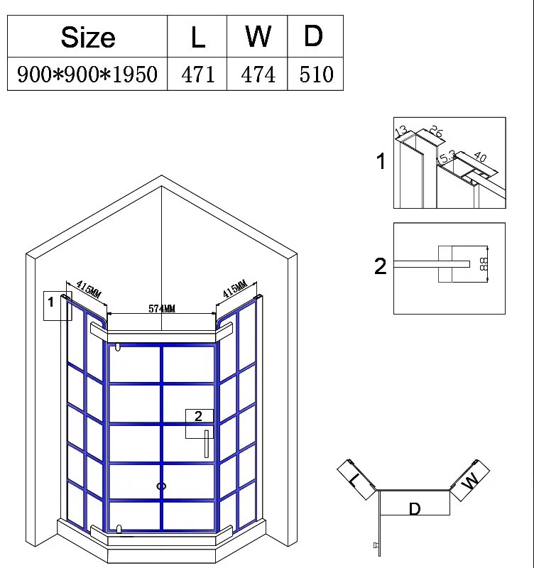 BPS-koupelny Pětiúhelníkový sprchový kout HYD-PK06B 90x90 černá/transparent - bez vaničky