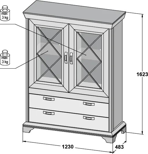 Široká vitrína Kashmir, s osvětlením, bělená borovice