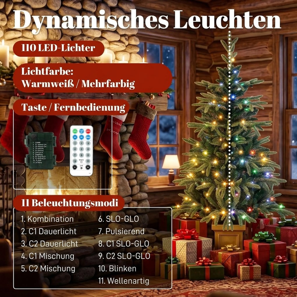 HOMCOM Umělý vánoční stromek, 120 cm Jedle s 110 LED osvětlením 147 špiček, 2 barvy světla, Dálkové ovládání