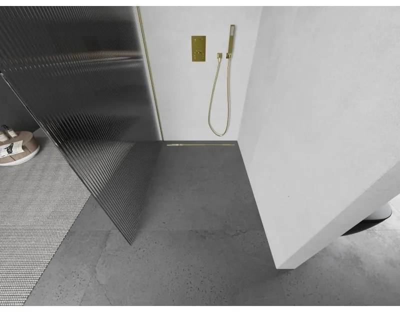 Mexen Kioto, sprchová zástěna Walk-In 130 x 200 cm, 8mm sklo s žebrovým vzorem, zlatý matný profil, 800-130-101-55-09