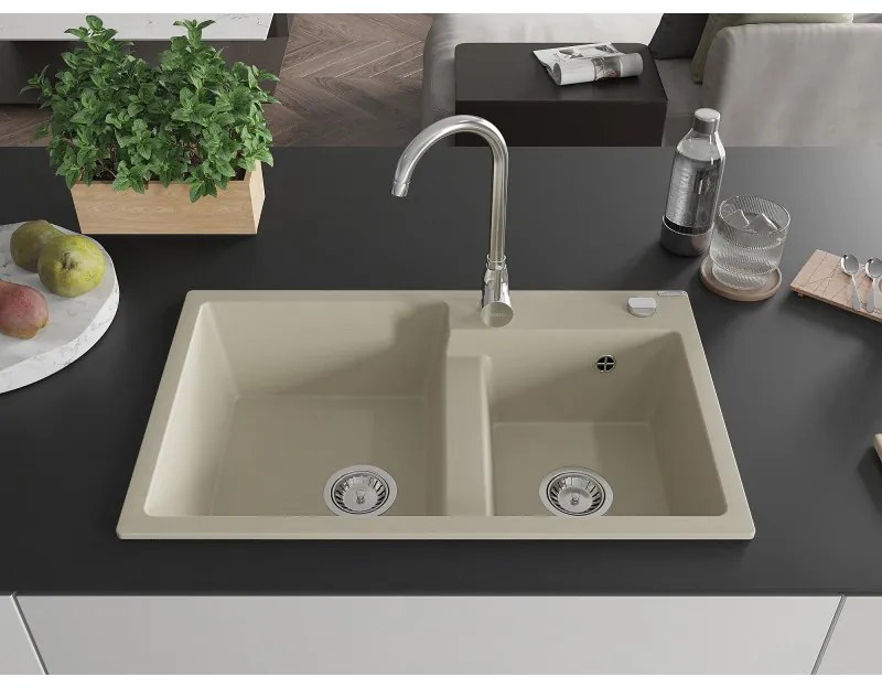 Mexen Tomas, granitový dřez 800x500x190 mm, 2-komorový a chromová baterie Telma, béžová, 6516-69-670200-00