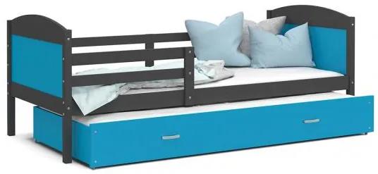 Dětská postel MATYAS P2 90x200 cm s šedou konstrukcí v modré barvě s přistýlkou