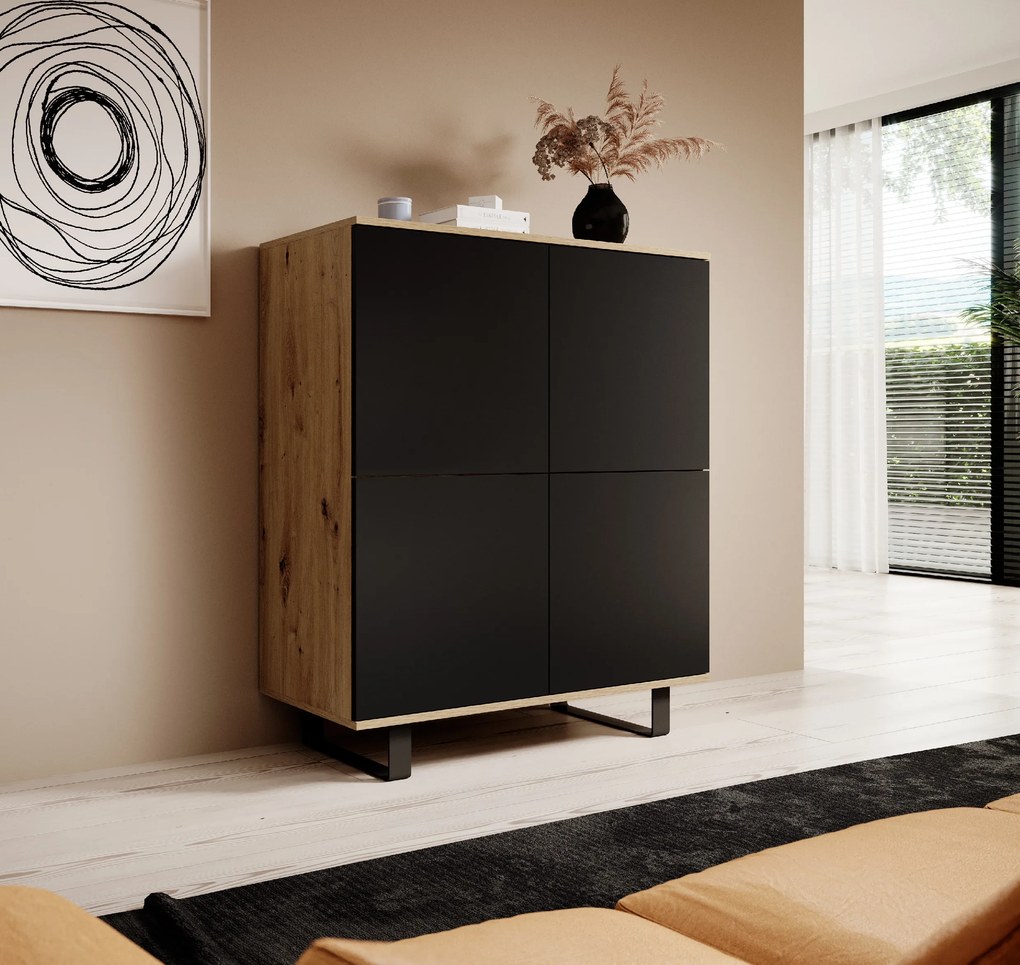 Eka Komoda s kovovými nohami EMI 4D 100 cm Barva dřeva: Dub Artisan + Černá