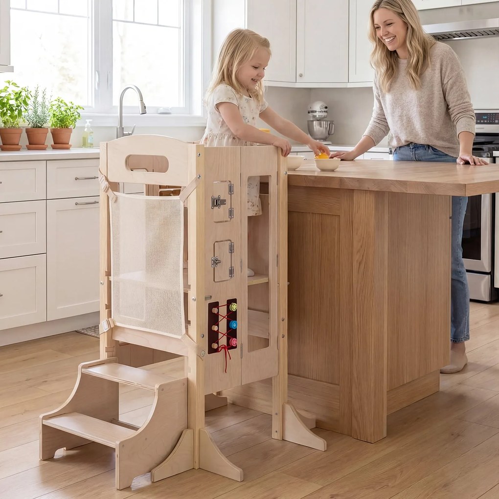 Costway Skládací výuková věž 3 ve výukové židli 1 Montessori s tabulí, ochranou