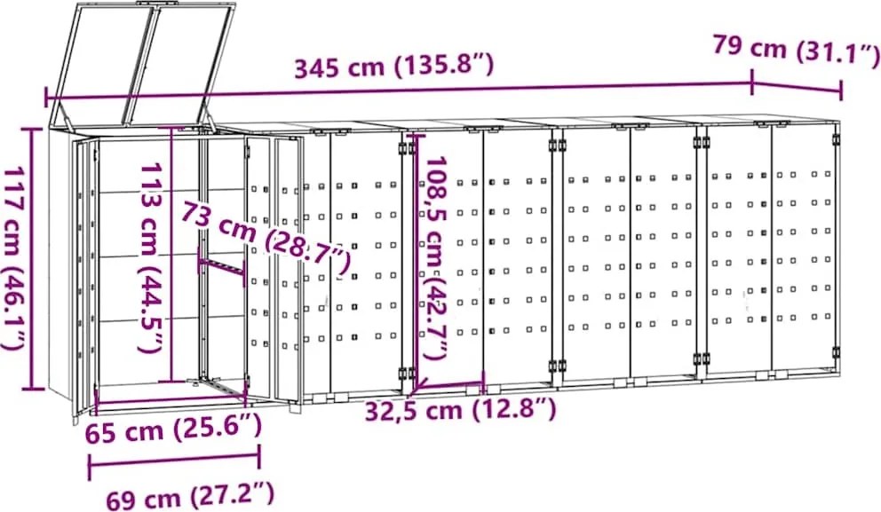 vidaXL Box na 5 popelnic 345 x 79 x 117 cm ocel [3279980] Barva: antracitová