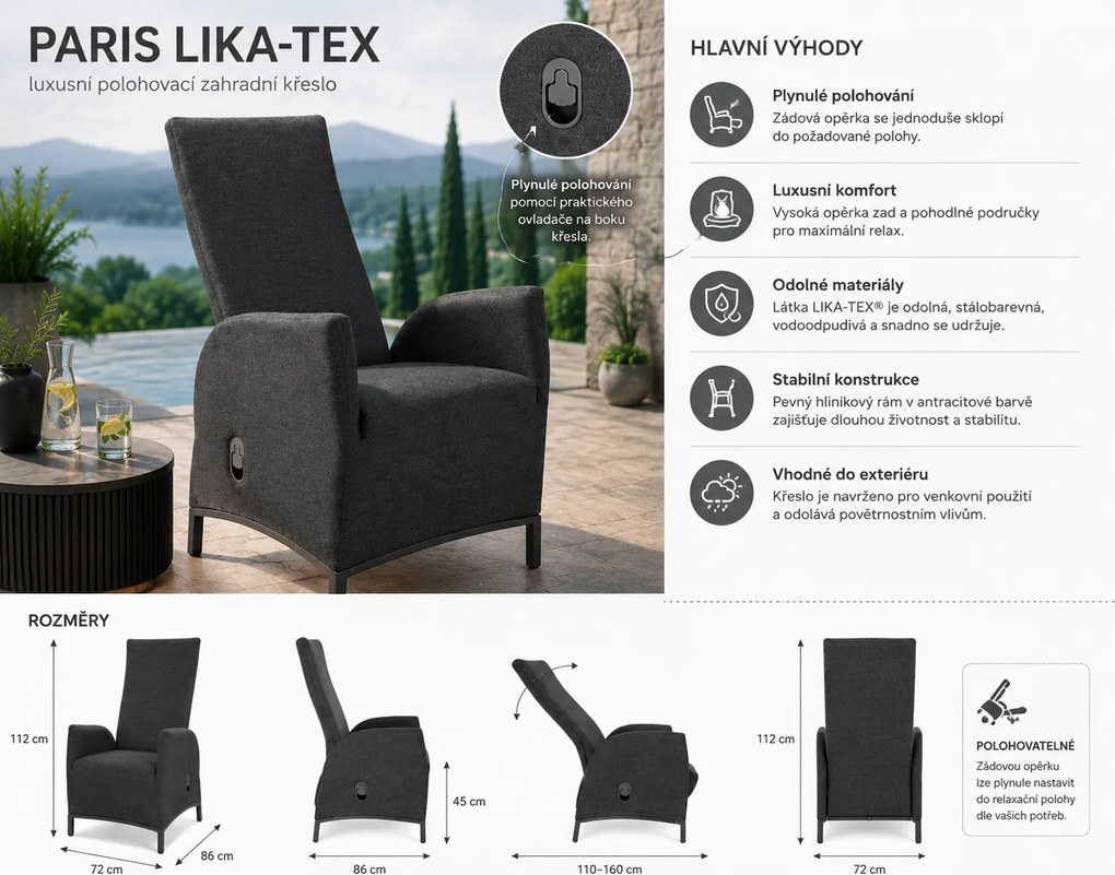 Doppler PARIS LIKA-TEX® polohovací zahradní křeslo antracit